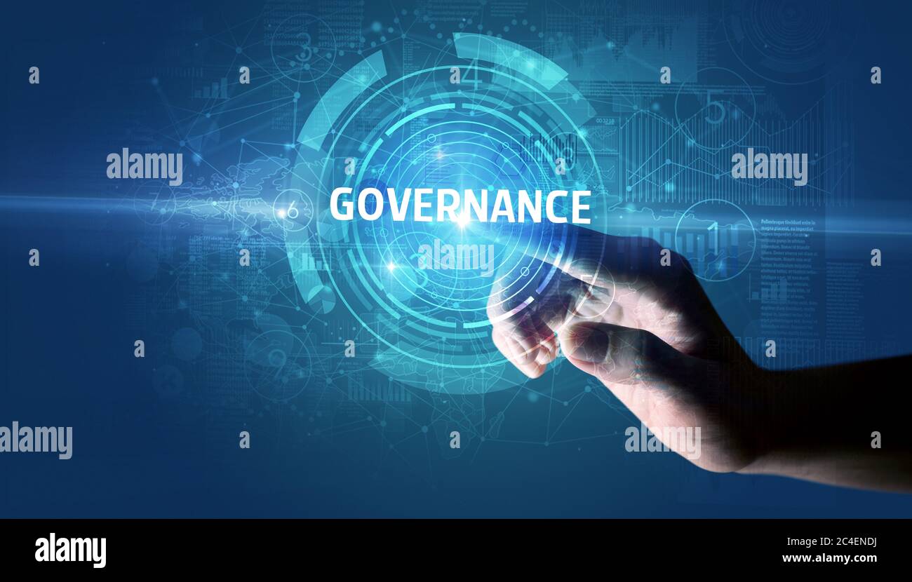 Hand touching GOVERNANCE button, modern business technology concept ...