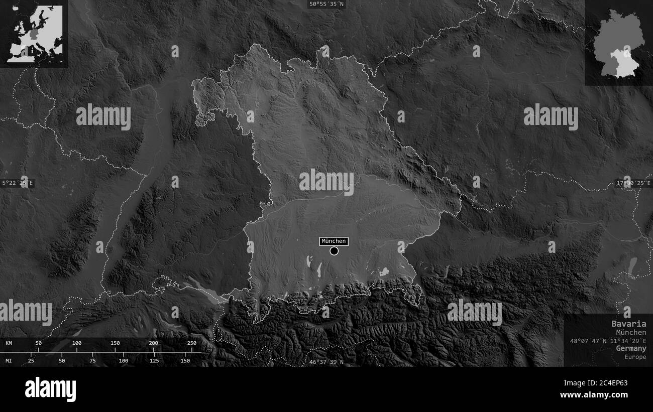 Bavaria, state of Germany. Grayscaled map with lakes and rivers. Shape ...