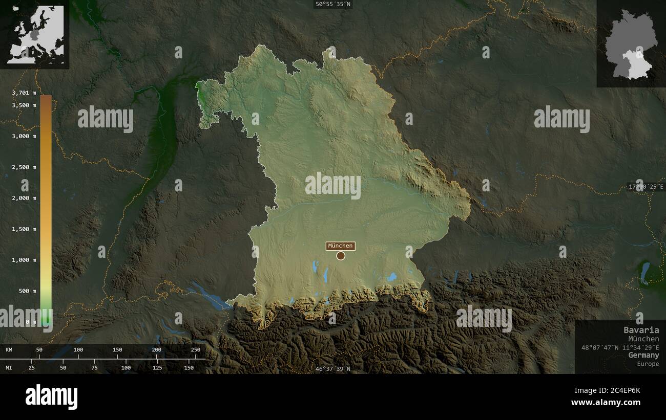 Bavaria, state of Germany. Colored shader data with lakes and rivers ...