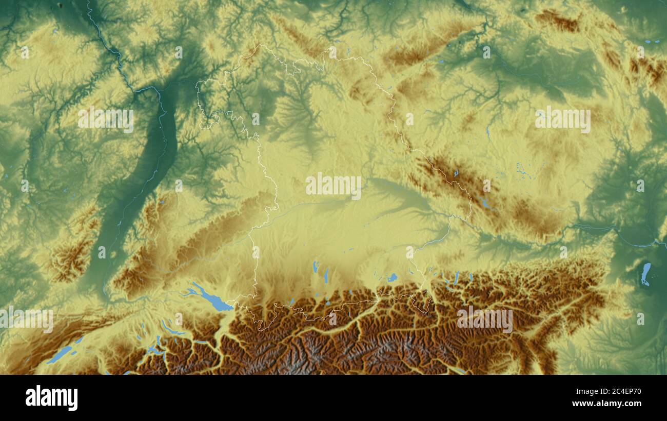 Bavaria, state of Germany. Colored relief with lakes and rivers. Shape ...