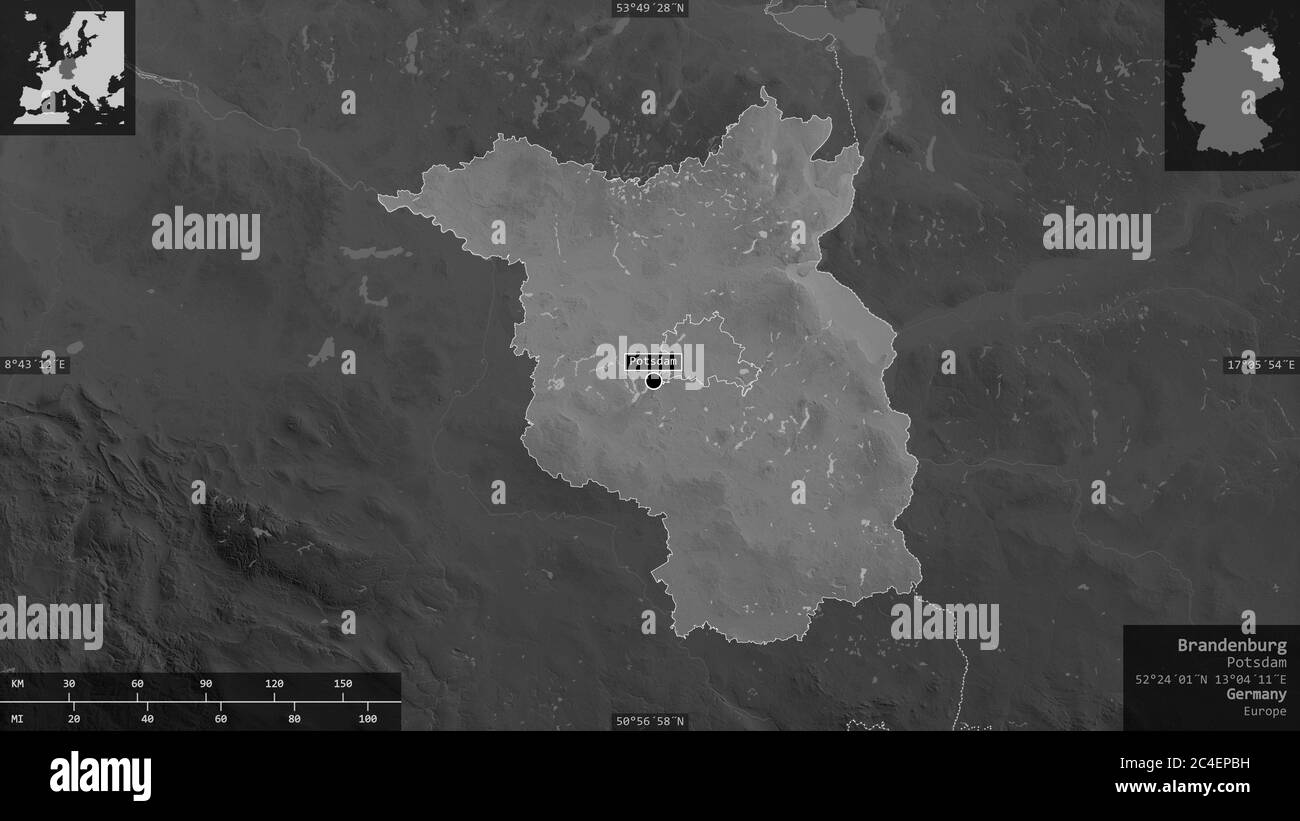 Brandenburg, state of Germany. Grayscaled map with lakes and rivers ...