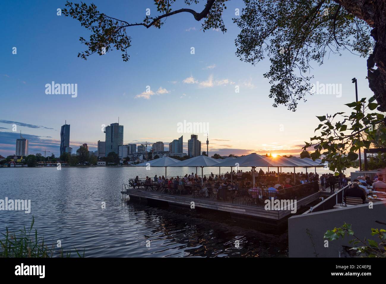 Wien, Vienna: floating restaurant Strandcafe, oxbow lake Alte Donau ...
