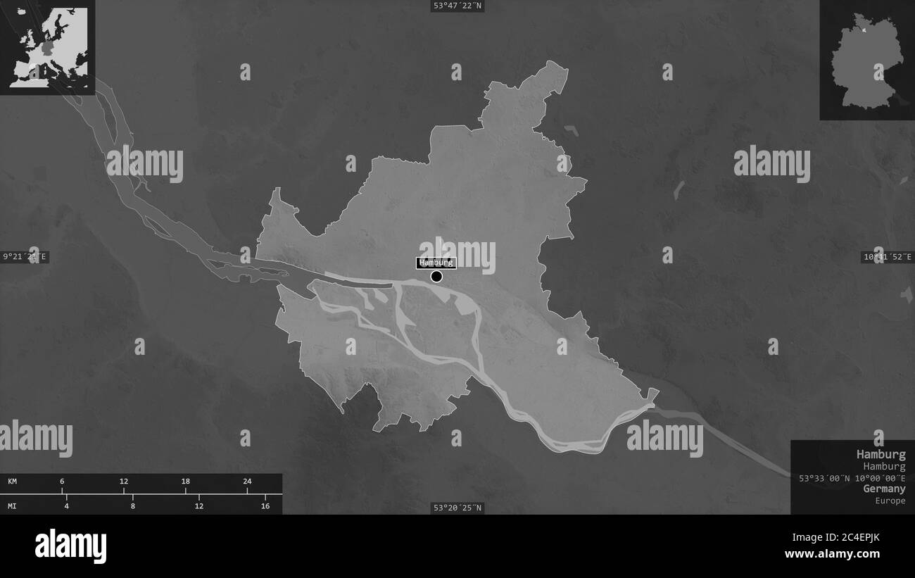 Hamburg, state of Germany. Grayscaled map with lakes and rivers. Shape ...