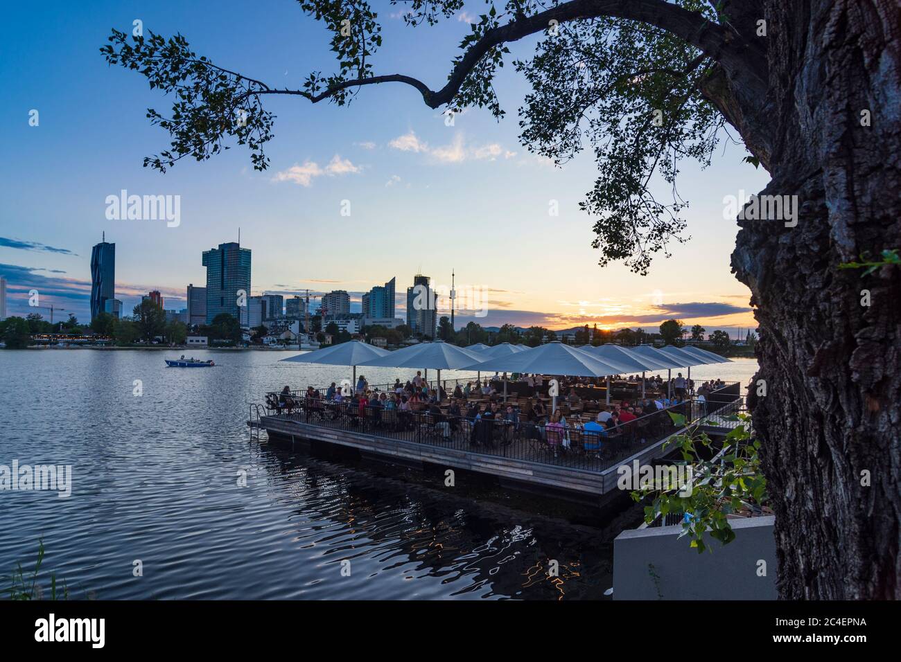 Wien, Vienna: floating restaurant Strandcafe, oxbow lake Alte Donau ...