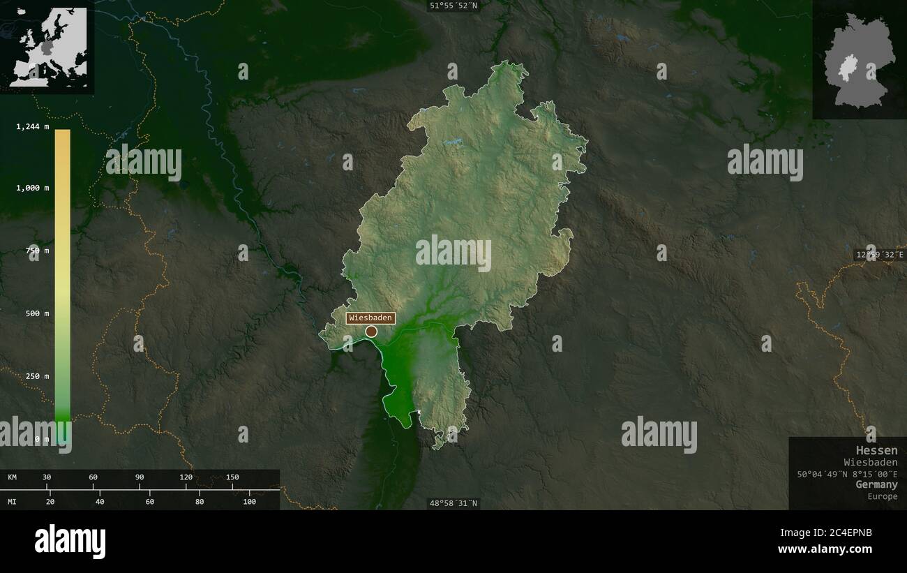 Hessen, state of Germany. Colored shader data with lakes and rivers ...