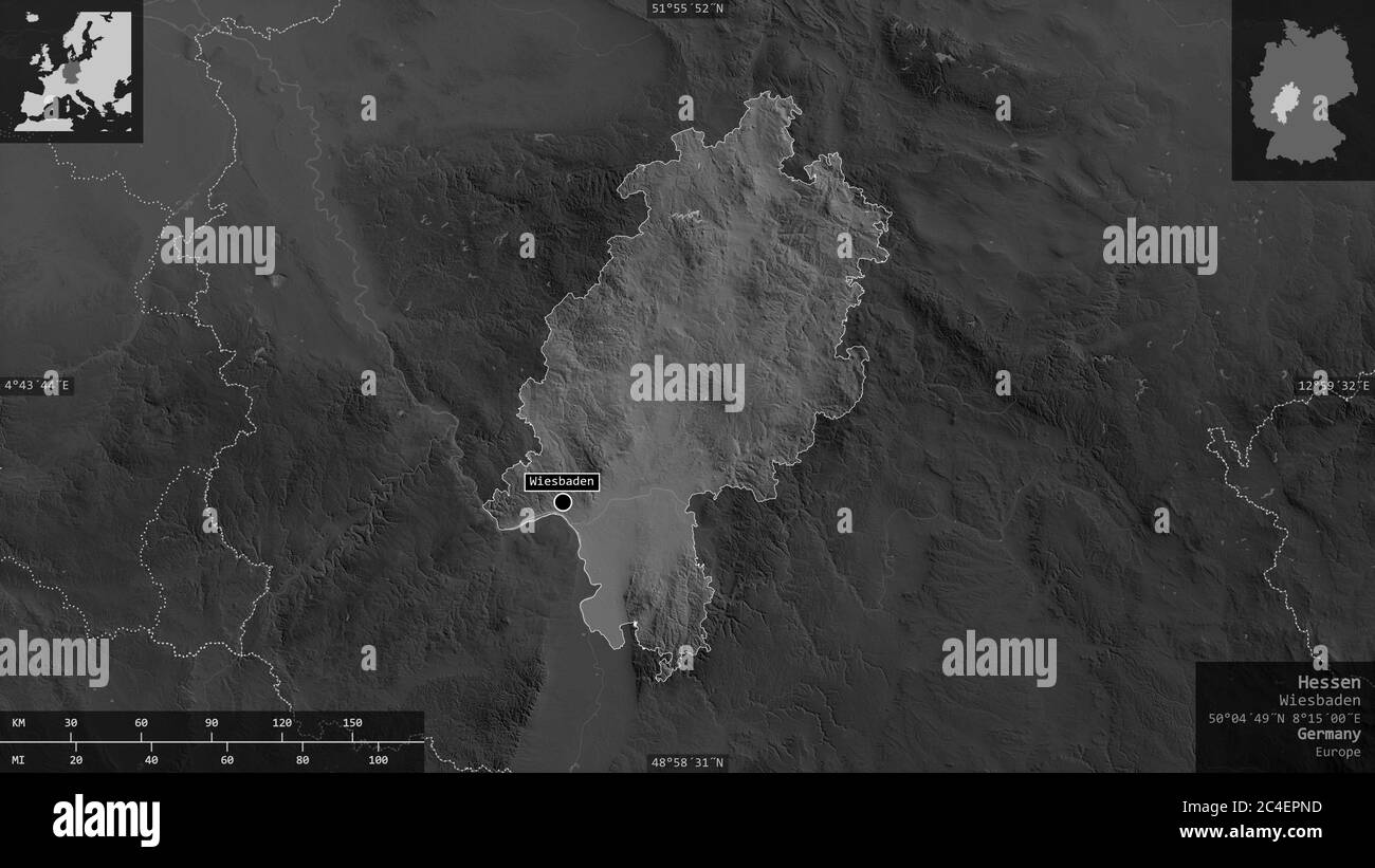 Hessen, state of Germany. Grayscaled map with lakes and rivers. Shape ...