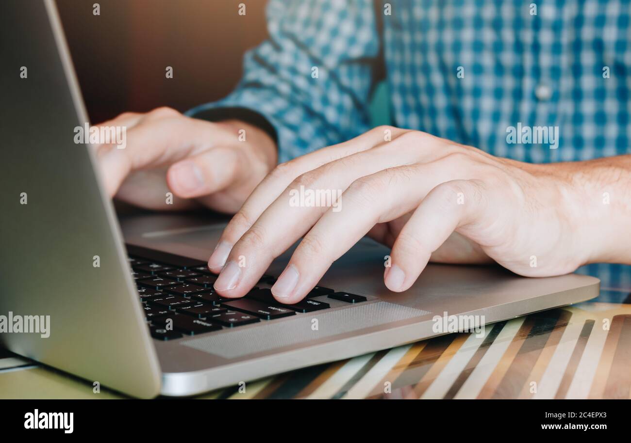 Close up woman hand using laptop and typing button keyboard Stock Photo ...