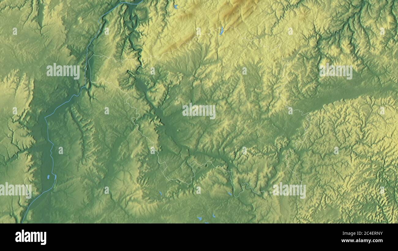 Saarland, state of Germany. Colored relief with lakes and rivers. Shape ...