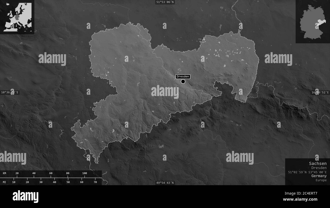 Sachsen, state of Germany. Grayscaled map with lakes and rivers. Shape ...