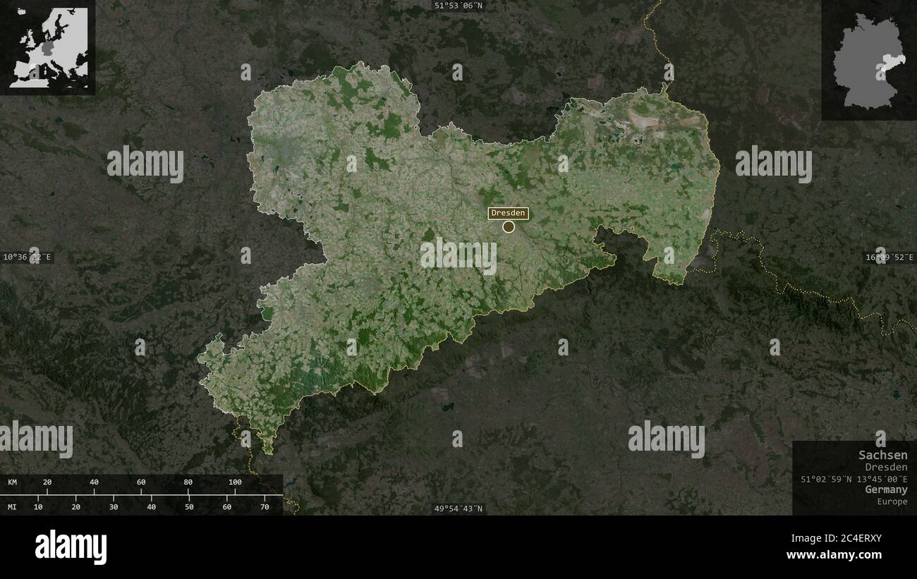 Sachsen, state of Germany. Satellite imagery. Shape presented against ...