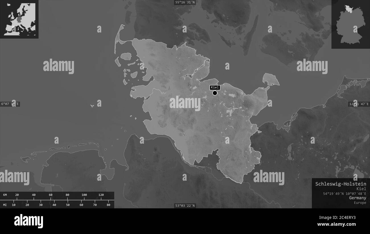 Schleswig-Holstein, state of Germany. Grayscaled map with lakes and ...