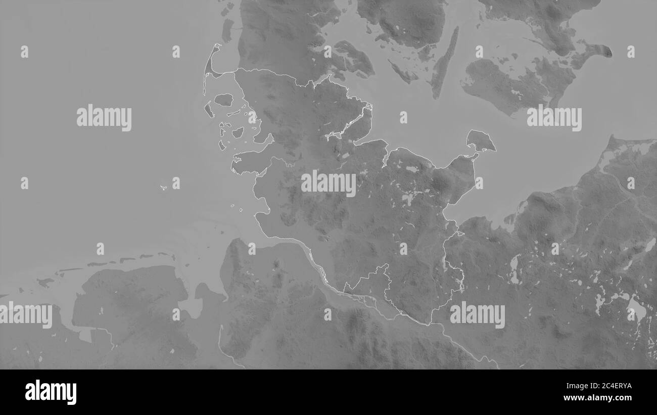 Schleswig-Holstein, state of Germany. Grayscaled map with lakes and rivers. Shape outlined ...