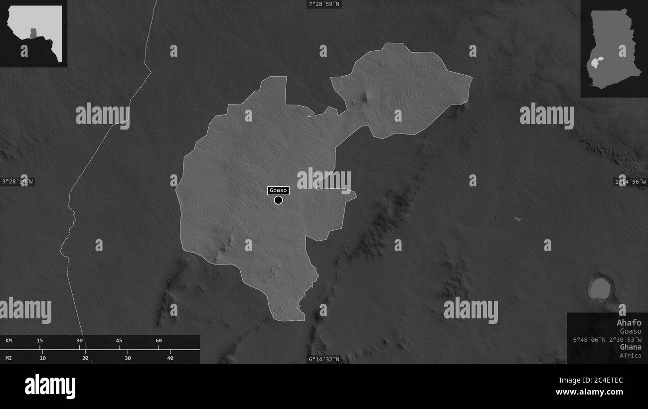 Ahafo, region of Ghana. Grayscaled map with lakes and rivers. Shape ...