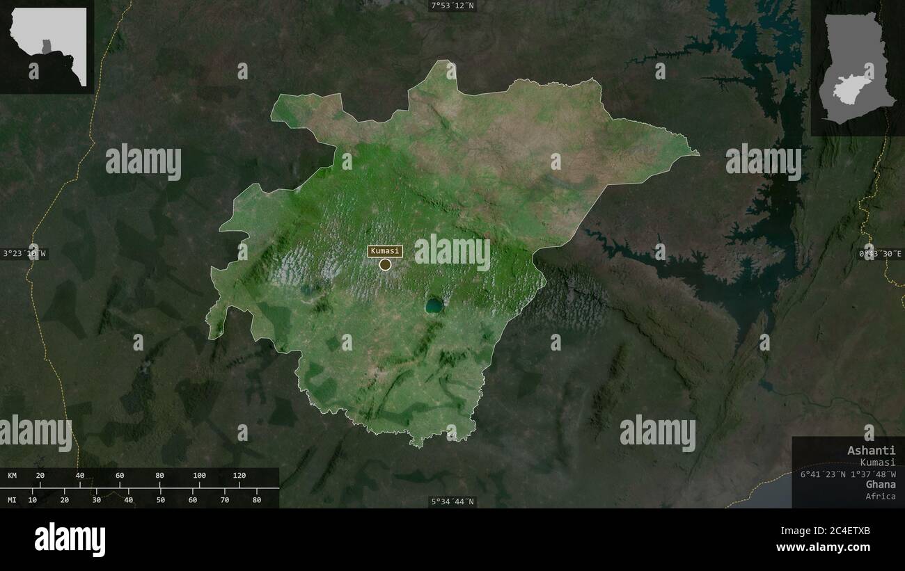 Ashanti, region of Ghana. Satellite imagery. Shape presented against ...