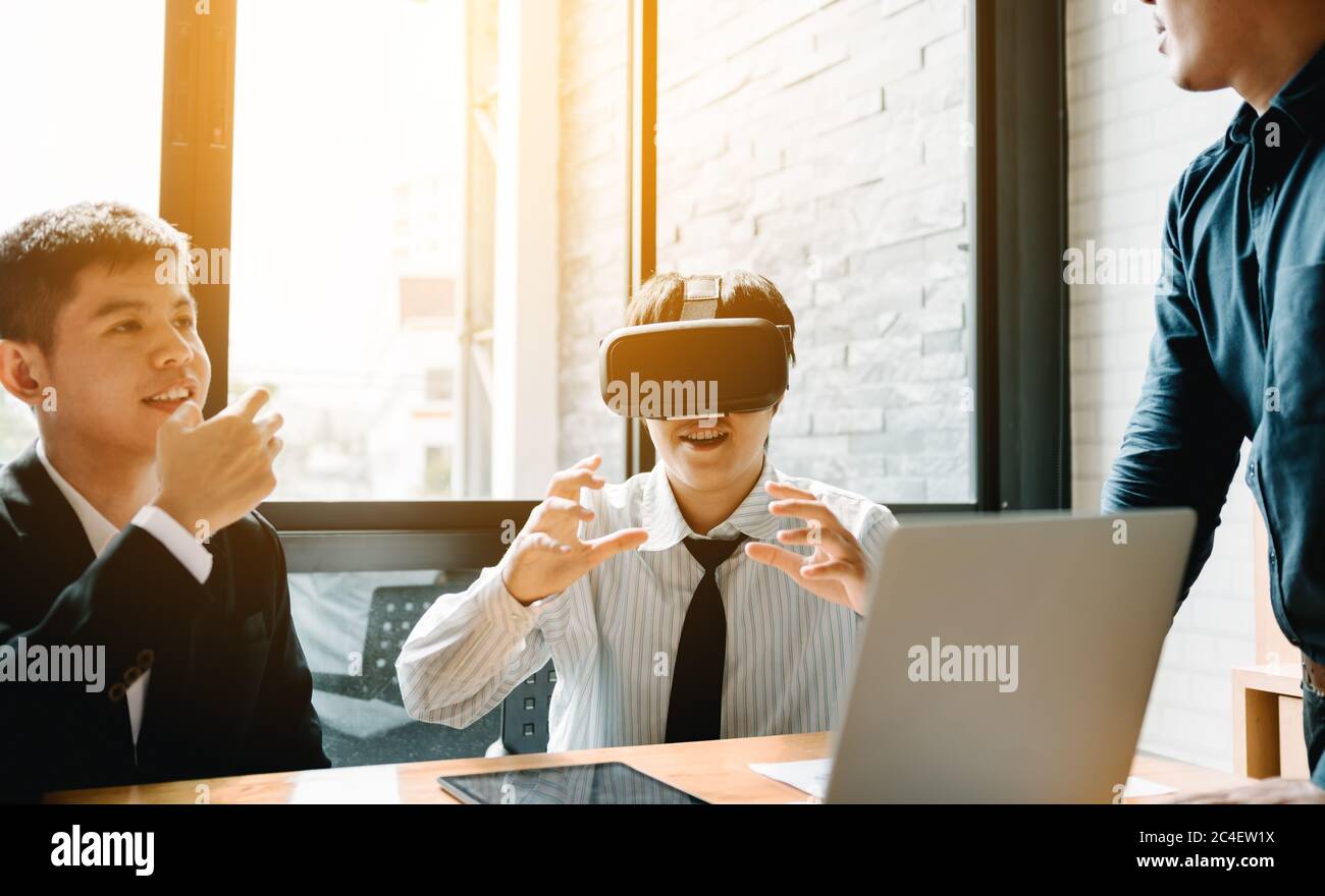 Business team with virtual reality headsets in the office Stock Photo ...