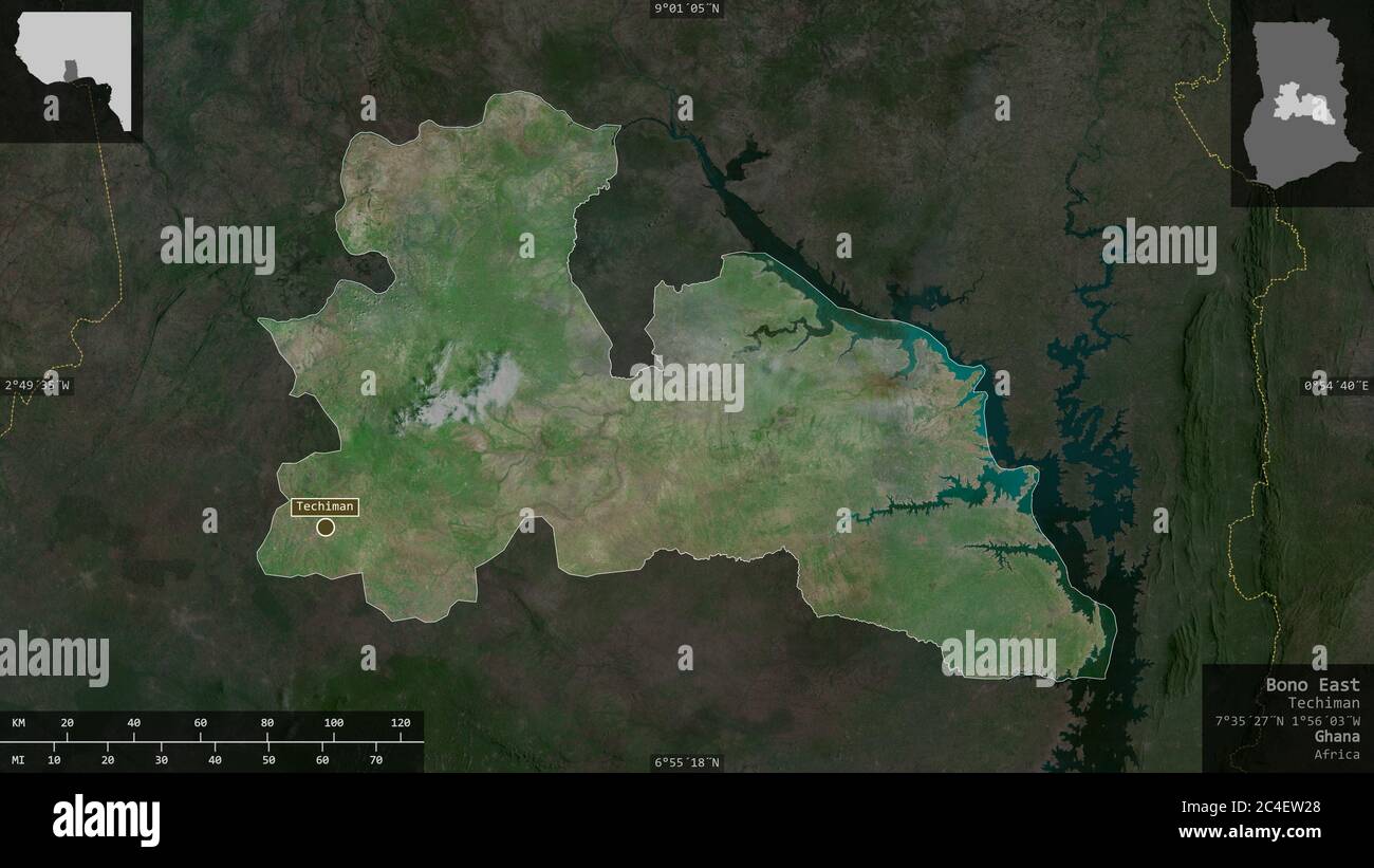 Bono East, region of Ghana. Satellite imagery. Shape presented against ...