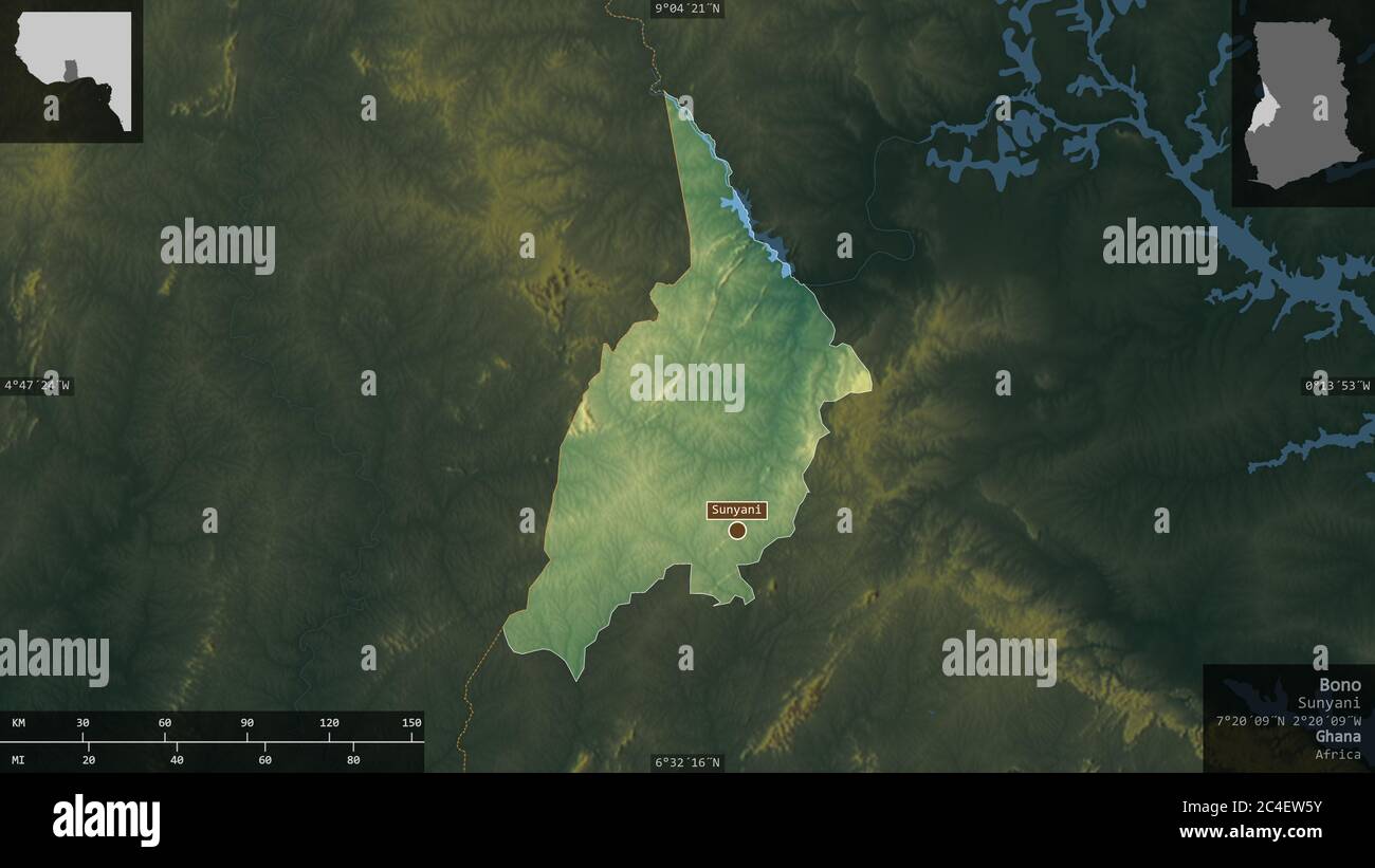 Bono, region of Ghana. Colored relief with lakes and rivers. Shape ...