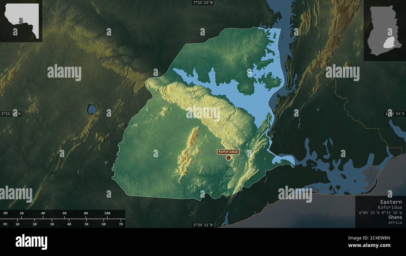 Eastern, region of Ghana. Colored relief with lakes and rivers. Shape ...