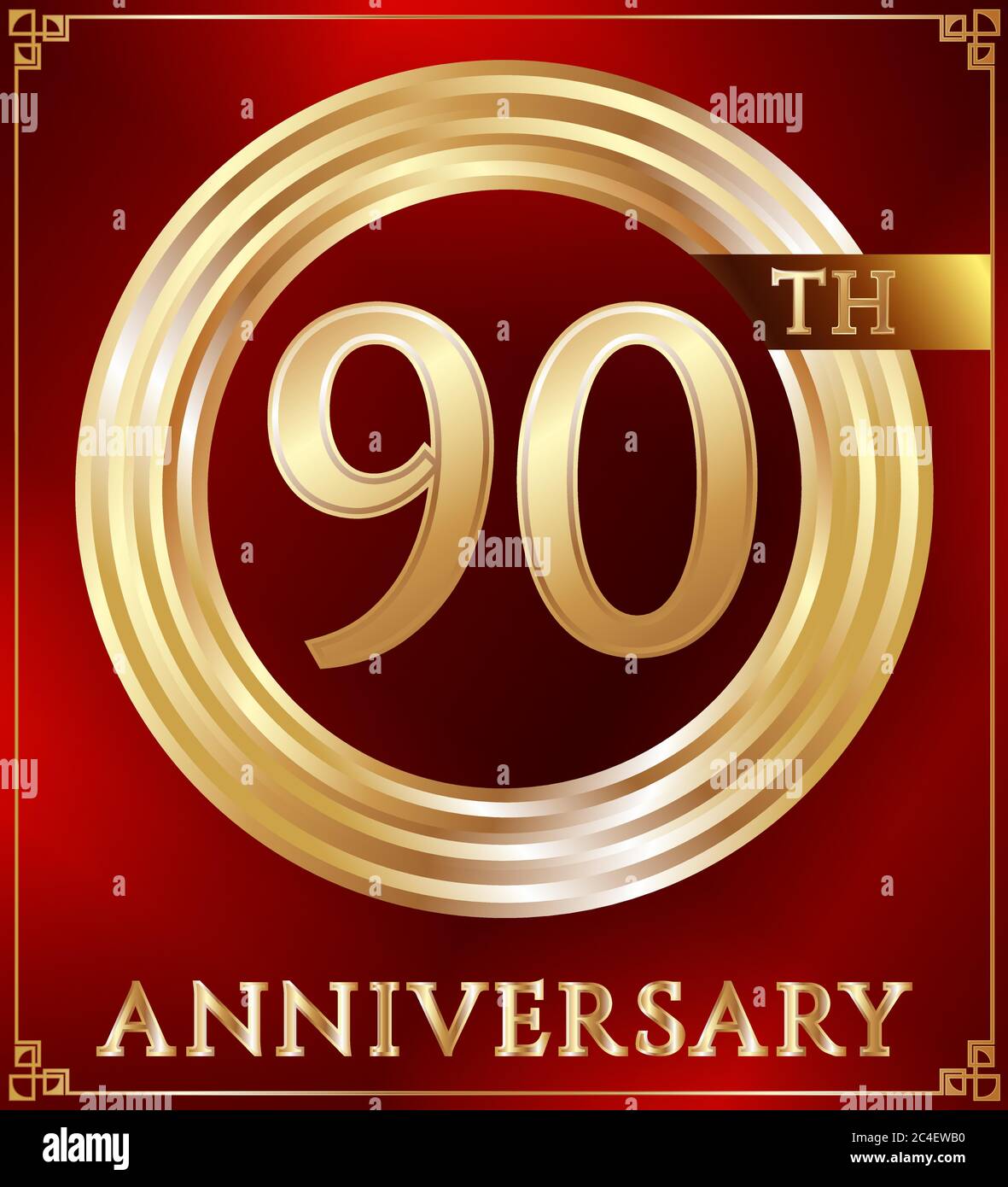 Anniversary gold ring logo number 90. Anniversary card. Red background ...