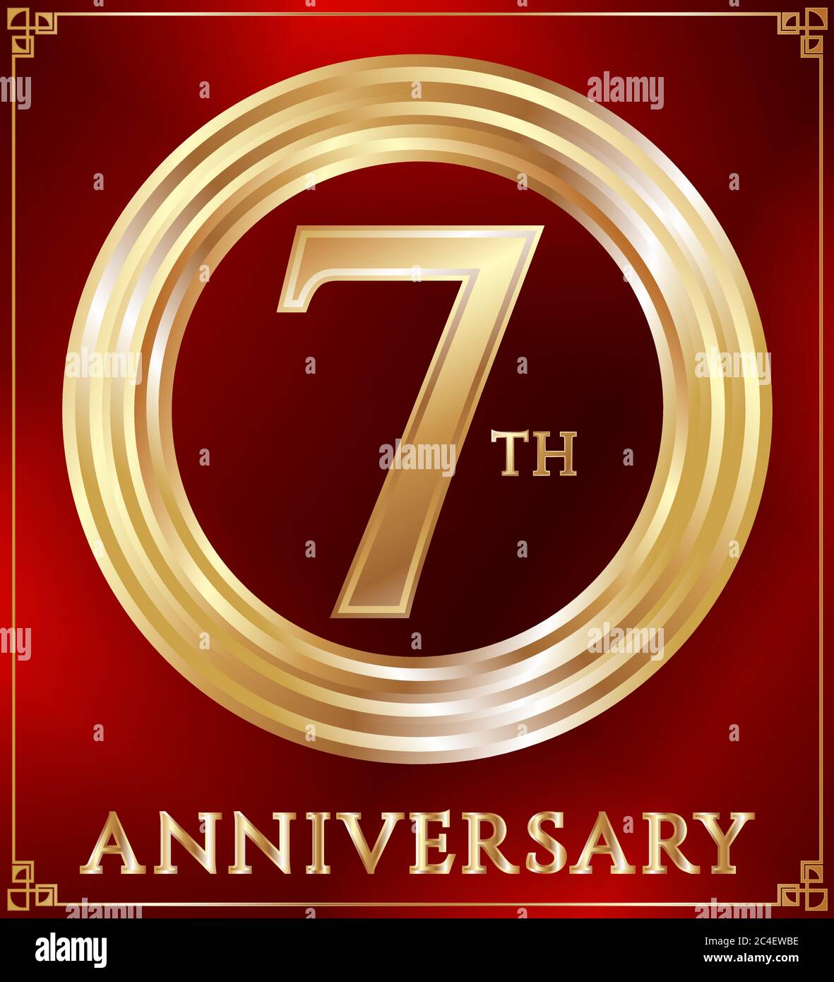 Anniversary gold ring logo number 7. Anniversary card. Red background ...