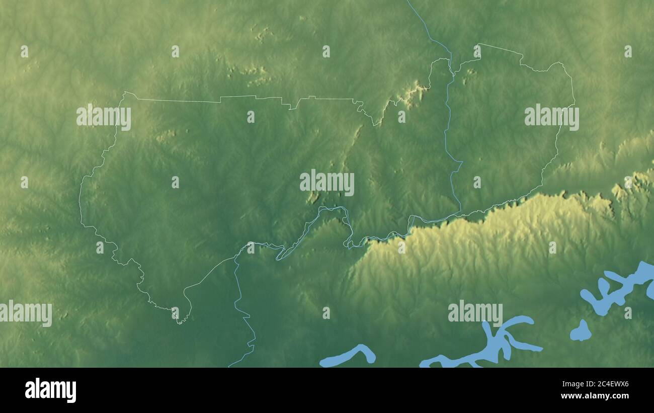 Upper East, region of Ghana. Colored relief with lakes and rivers ...