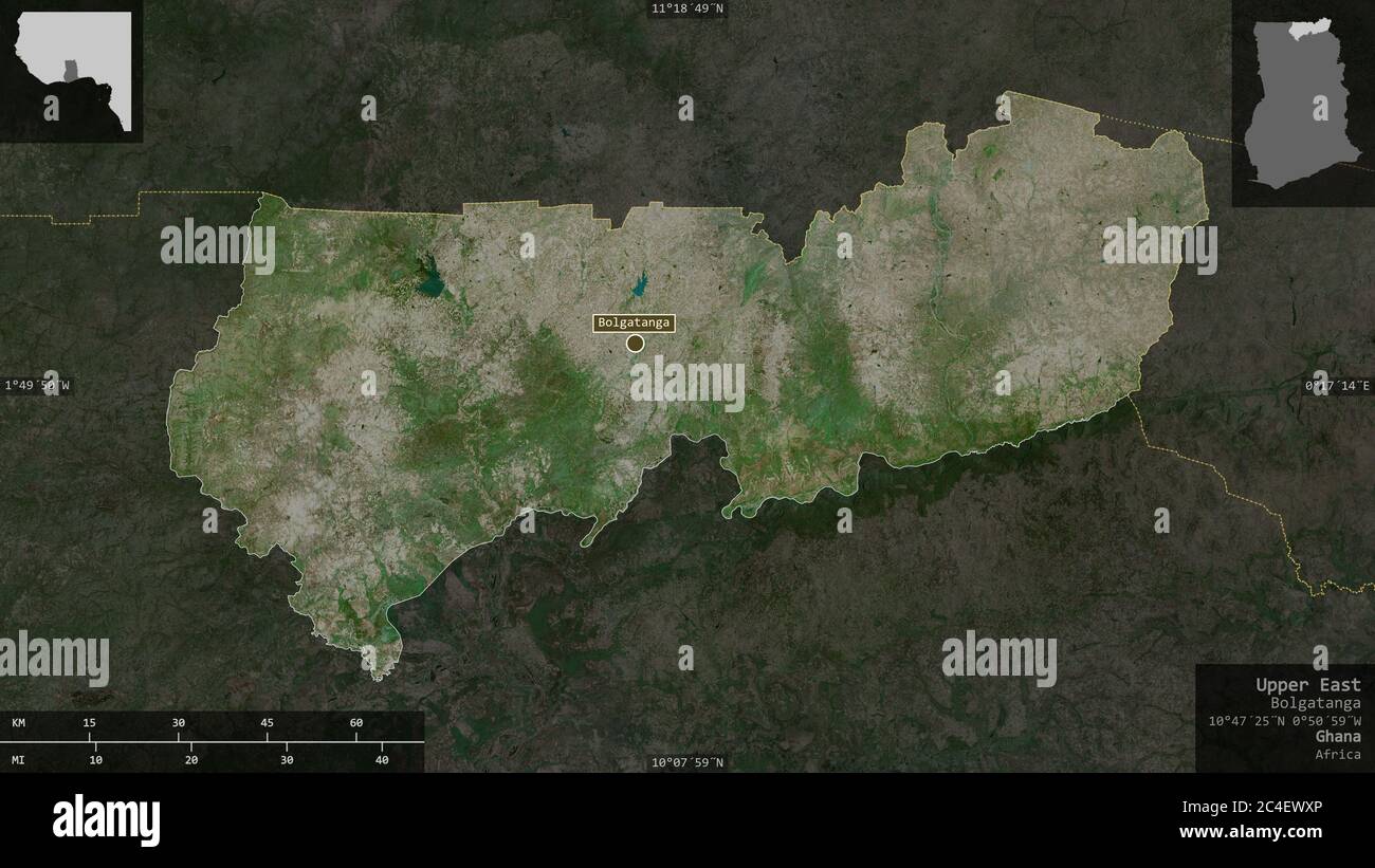 Upper East, region of Ghana. Satellite imagery. Shape presented against ...
