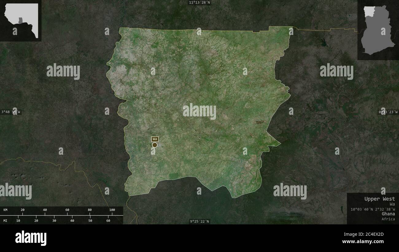 Upper West, region of Ghana. Satellite imagery. Shape presented against ...
