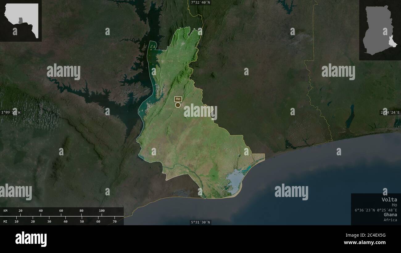 Volta, region of Ghana. Satellite imagery. Shape presented against its ...