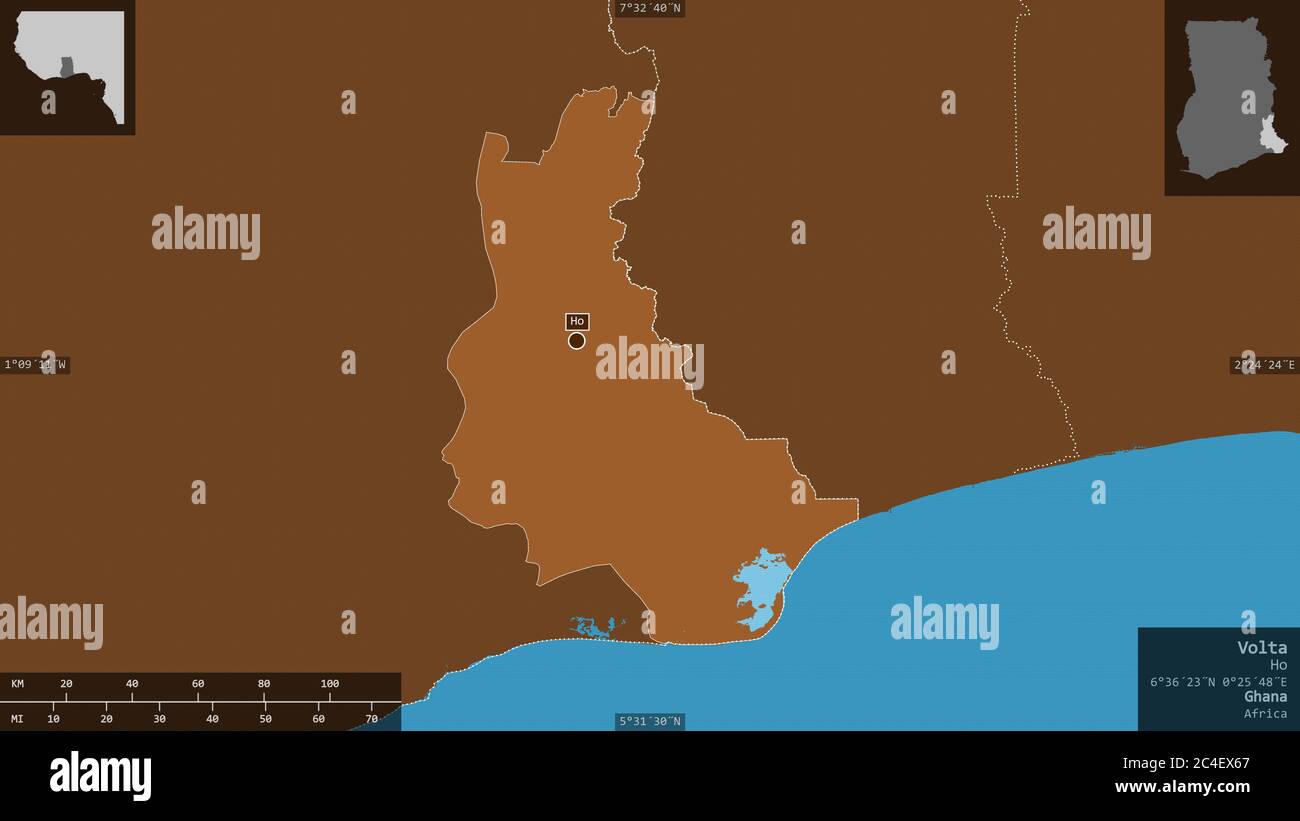 Volta, region of Ghana. Patterned solids with lakes and rivers. Shape ...