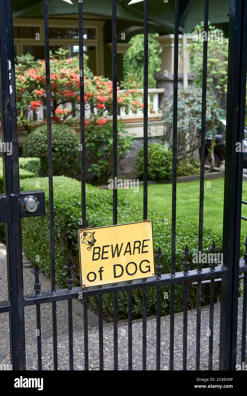 Beware of Dog sign on the metal gate of a house in Vancouver, BC ...