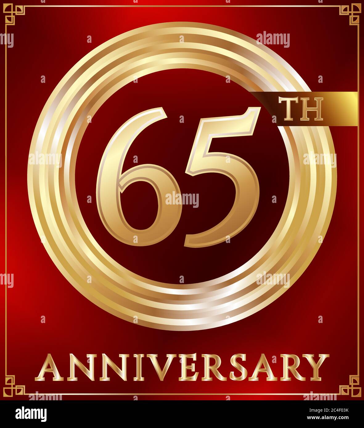 Anniversary gold ring logo number 65. Anniversary card. Red background ...