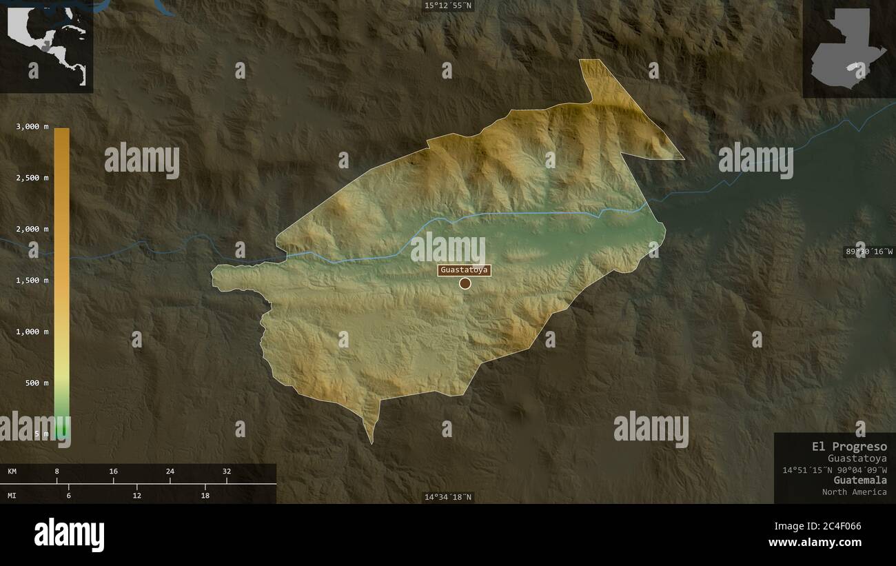 El Progreso, department of Guatemala. Colored shader data with lakes ...