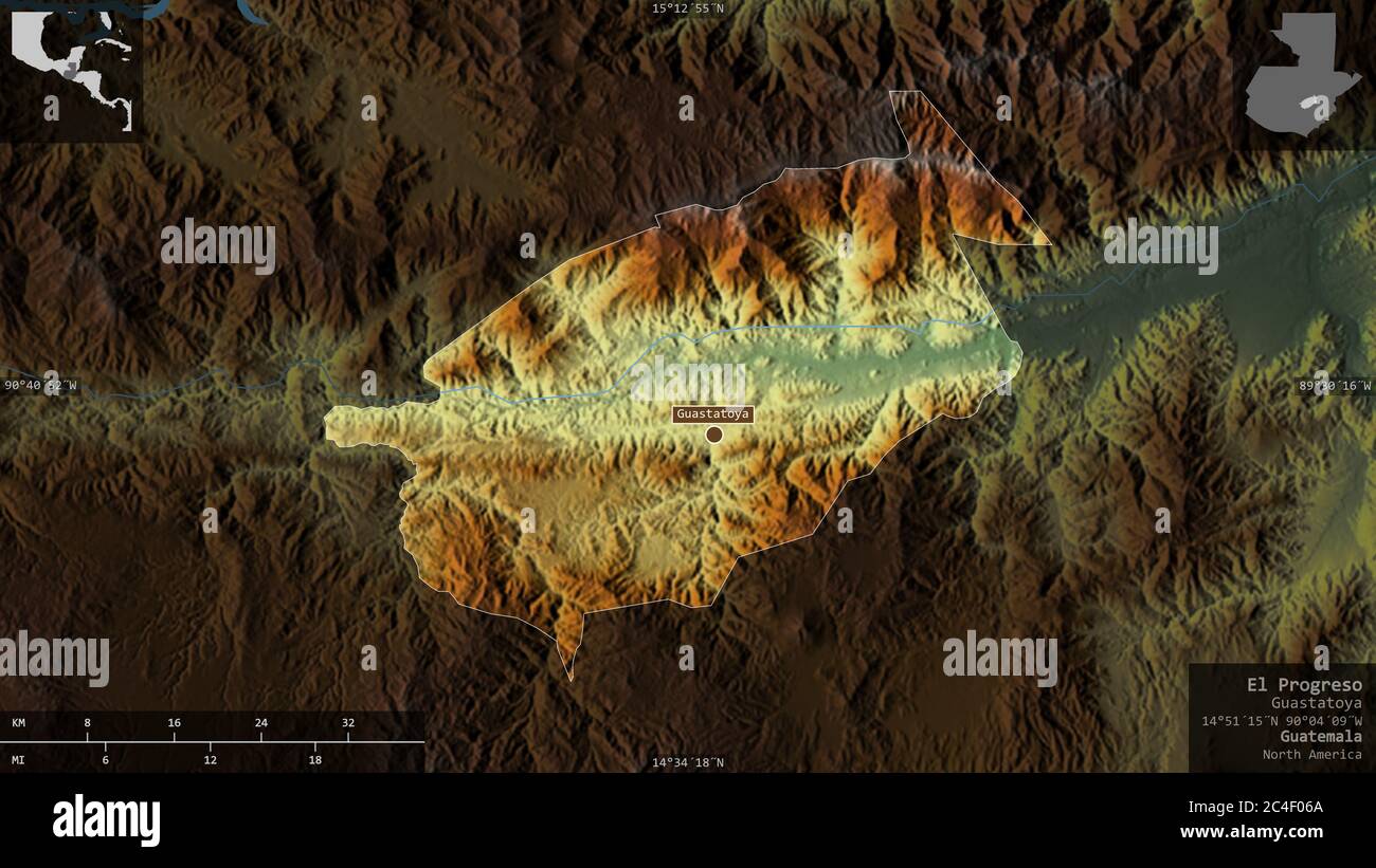 El Progreso, department of Guatemala. Colored relief with lakes and ...