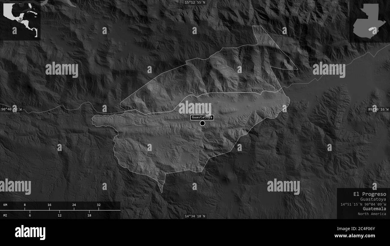 El Progreso, department of Guatemala. Grayscaled map with lakes and ...