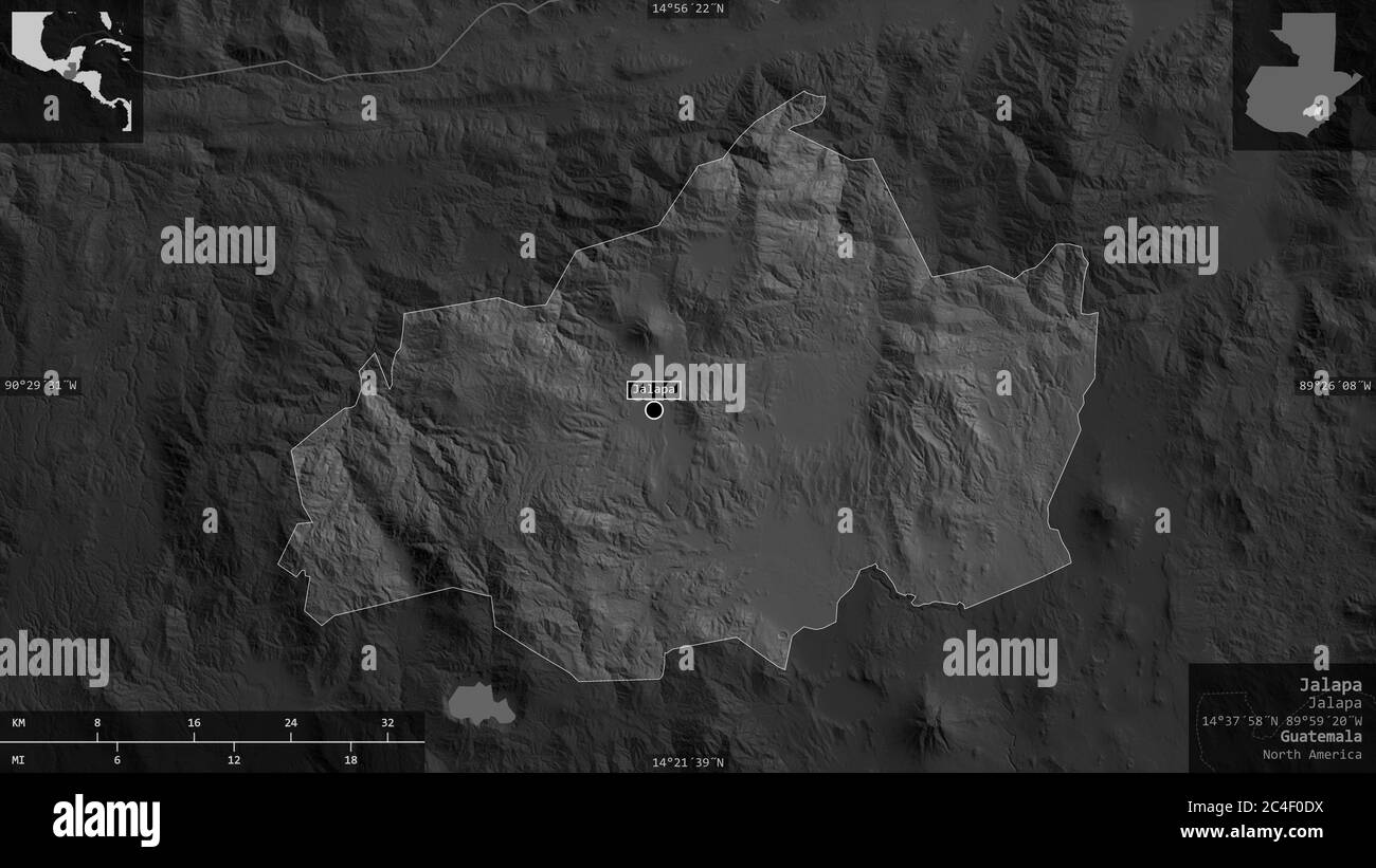 Jalapa, department of Guatemala. Grayscaled map with lakes and rivers ...