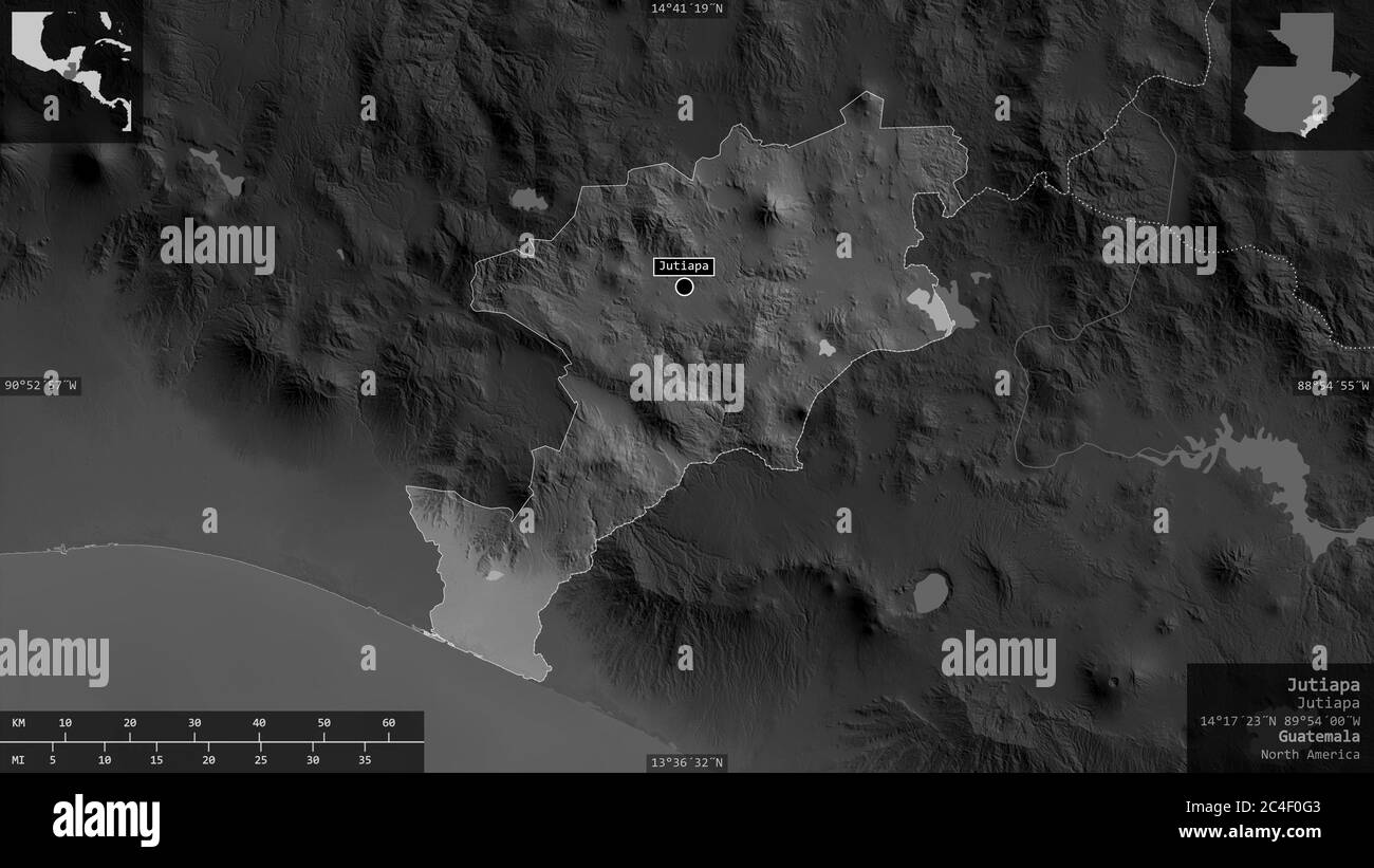 Jutiapa, department of Guatemala. Grayscaled map with lakes and rivers ...