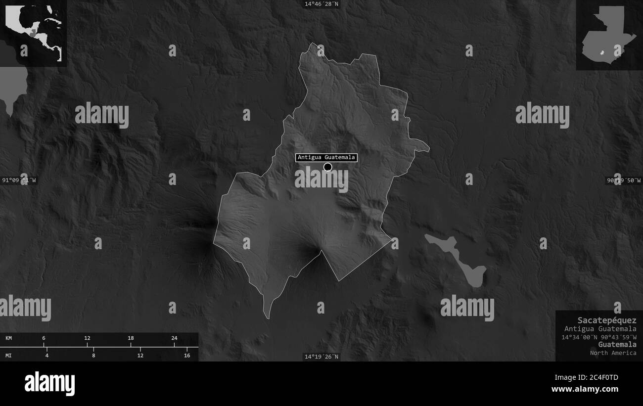 Sacatepéquez, department of Guatemala. Grayscaled map with lakes and ...