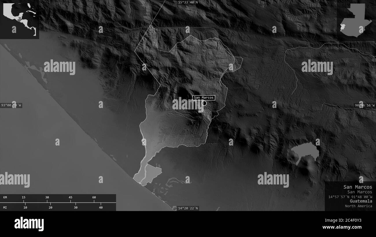 San Marcos, department of Guatemala. Grayscaled map with lakes and ...