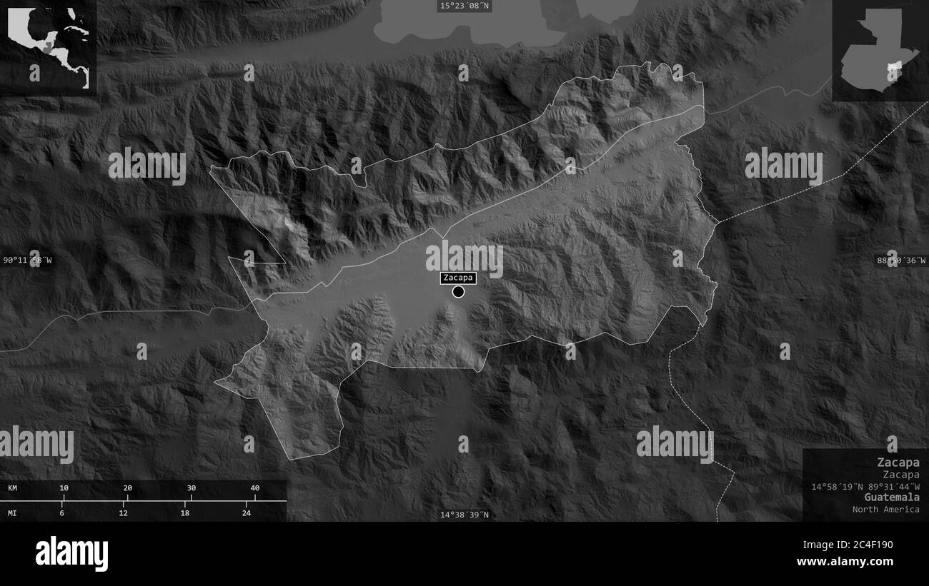 Zacapa, department of Guatemala. Grayscaled map with lakes and rivers ...