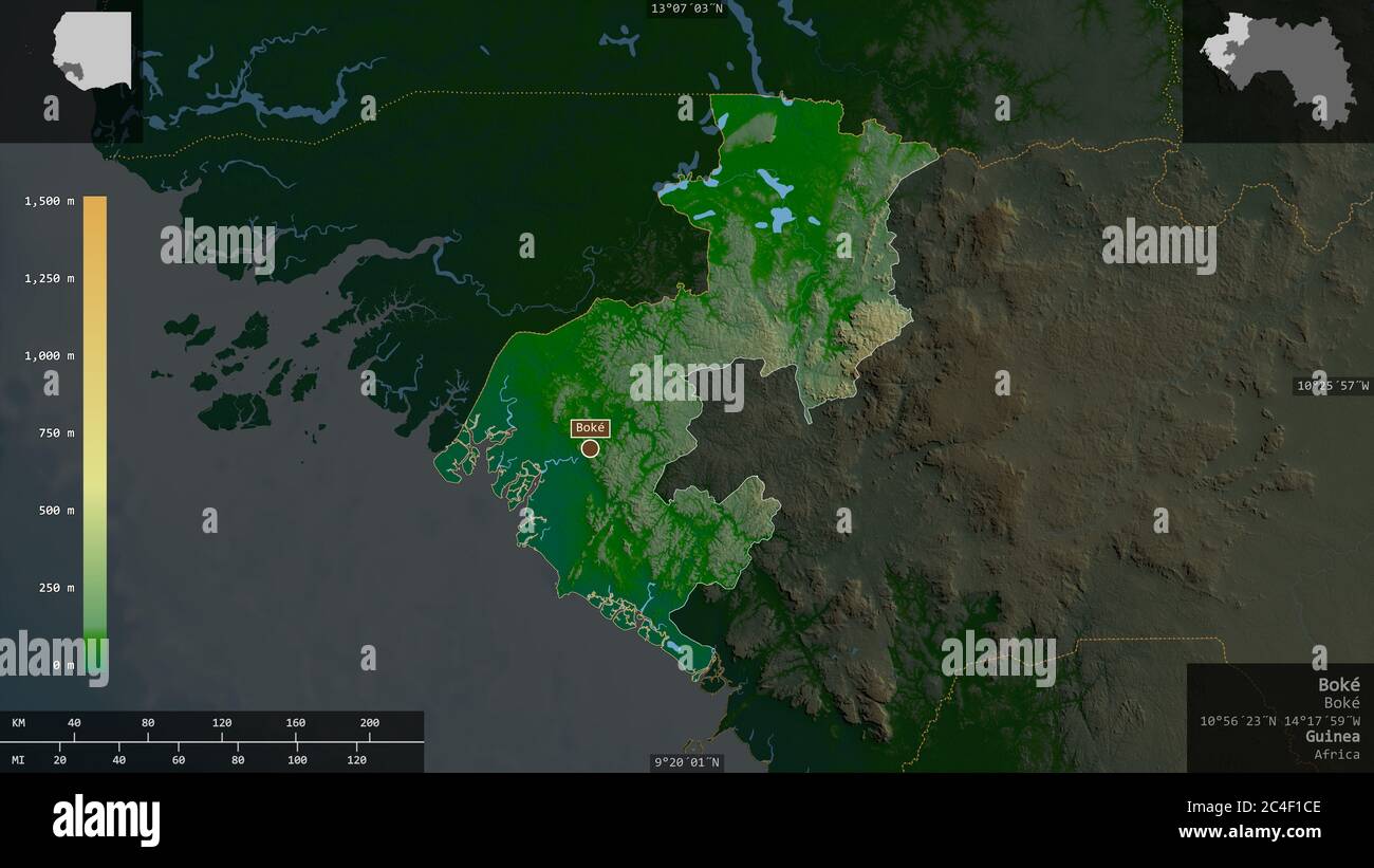 Boké, region of Guinea. Colored shader data with lakes and rivers ...