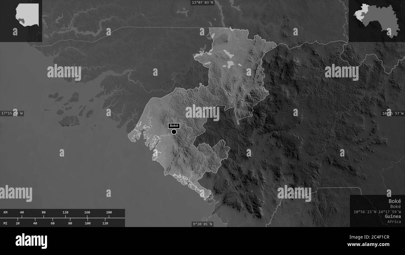 Boké, region of Guinea. Grayscaled map with lakes and rivers. Shape ...