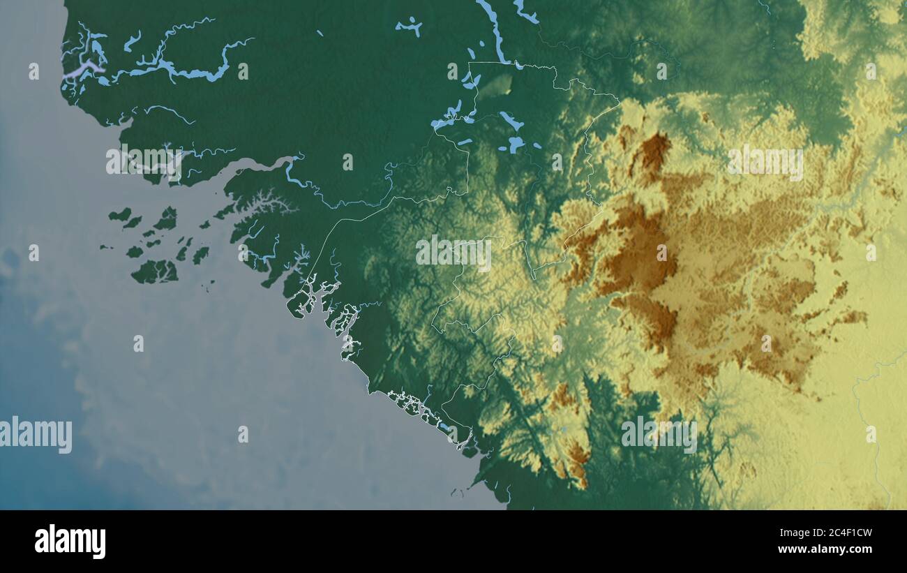 Boké, region of Guinea. Colored relief with lakes and rivers. Shape ...