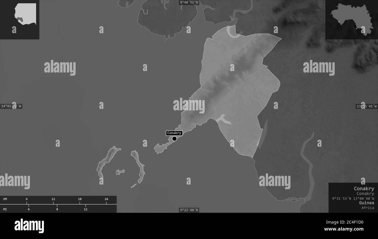 Conakry, region of Guinea. Grayscaled map with lakes and rivers. Shape ...