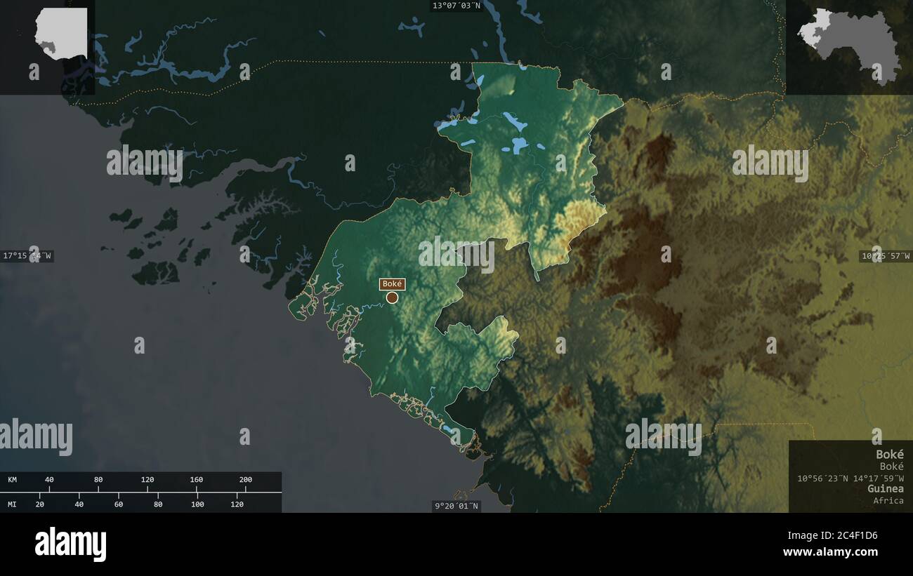 Boké, region of Guinea. Colored relief with lakes and rivers. Shape ...