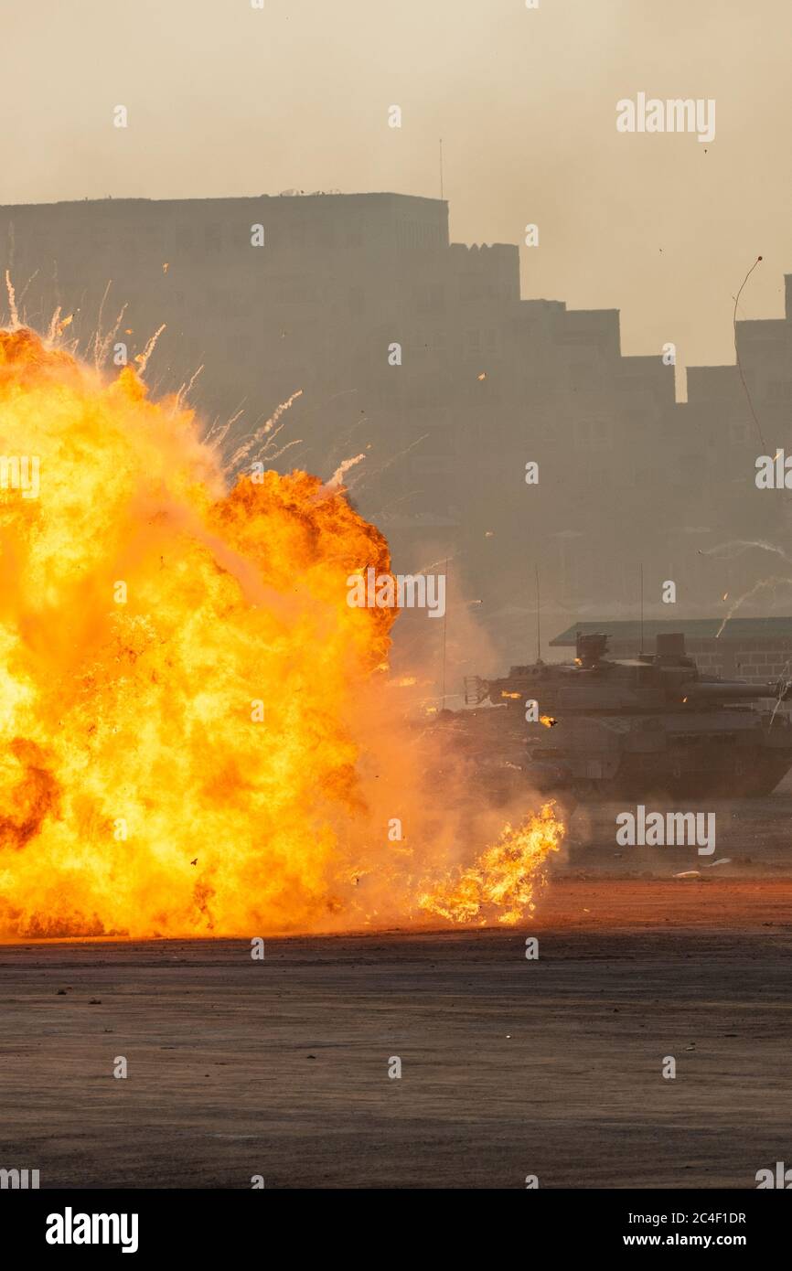 Massive fire explosion in military combat and war. Vehicle explosure ...