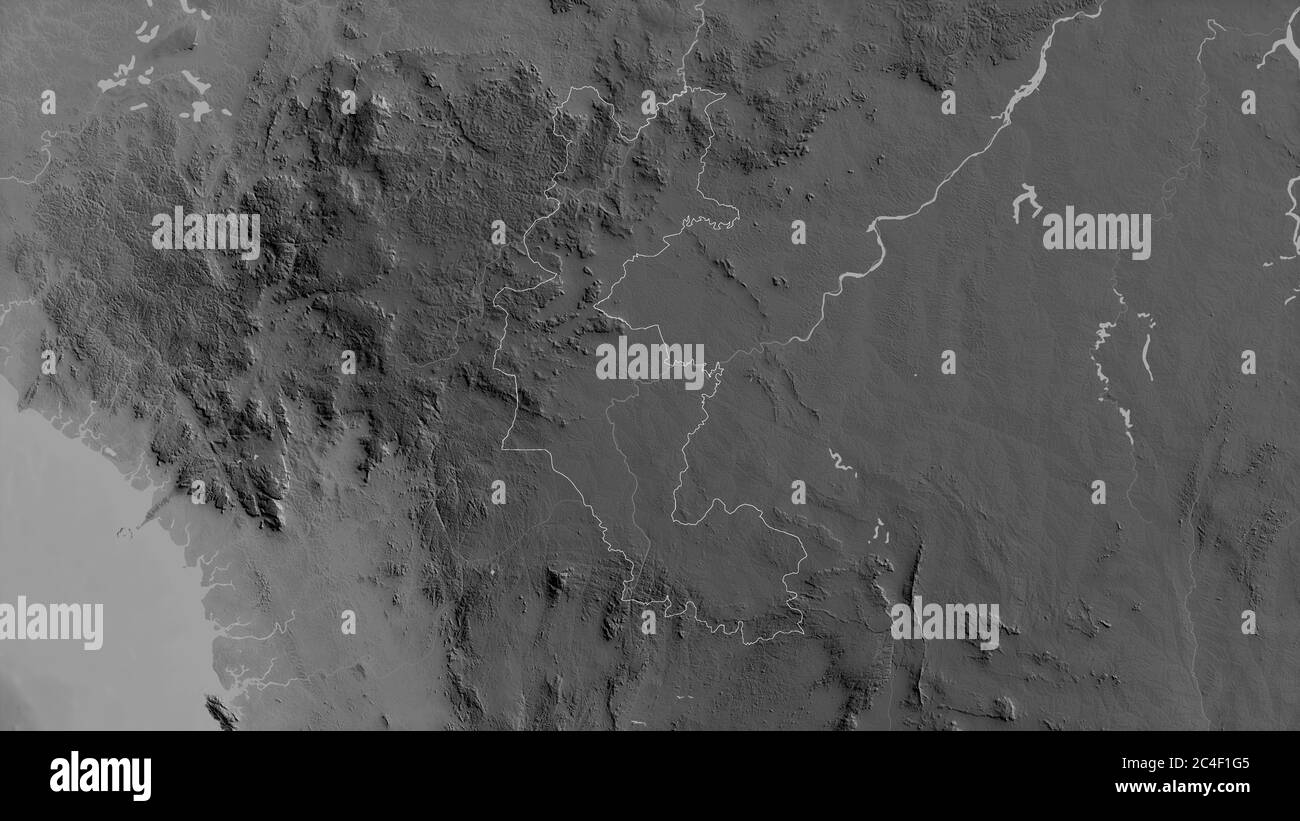 Faranah, region of Guinea. Grayscaled map with lakes and rivers. Shape ...