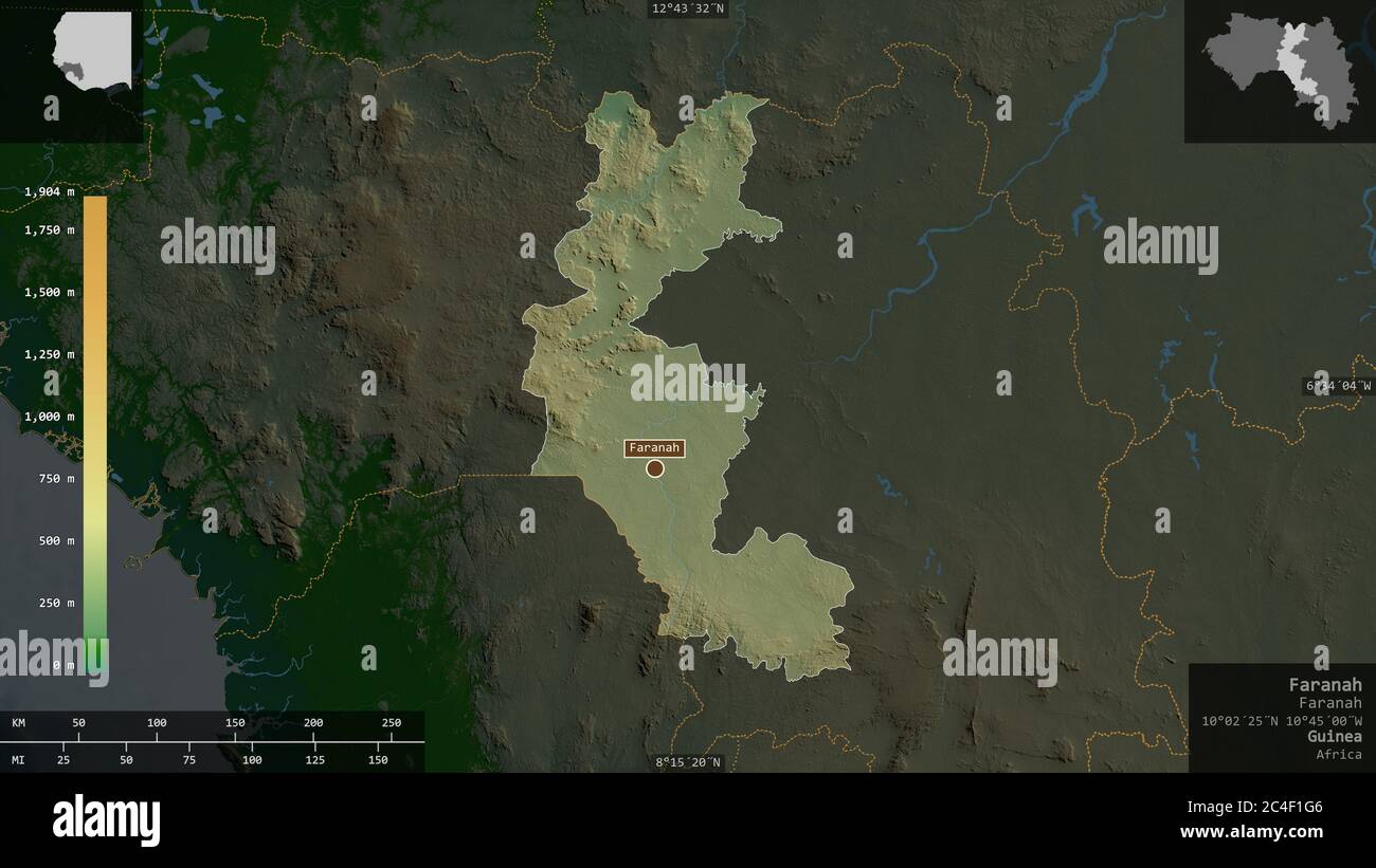 Faranah, region of Guinea. Colored shader data with lakes and rivers ...