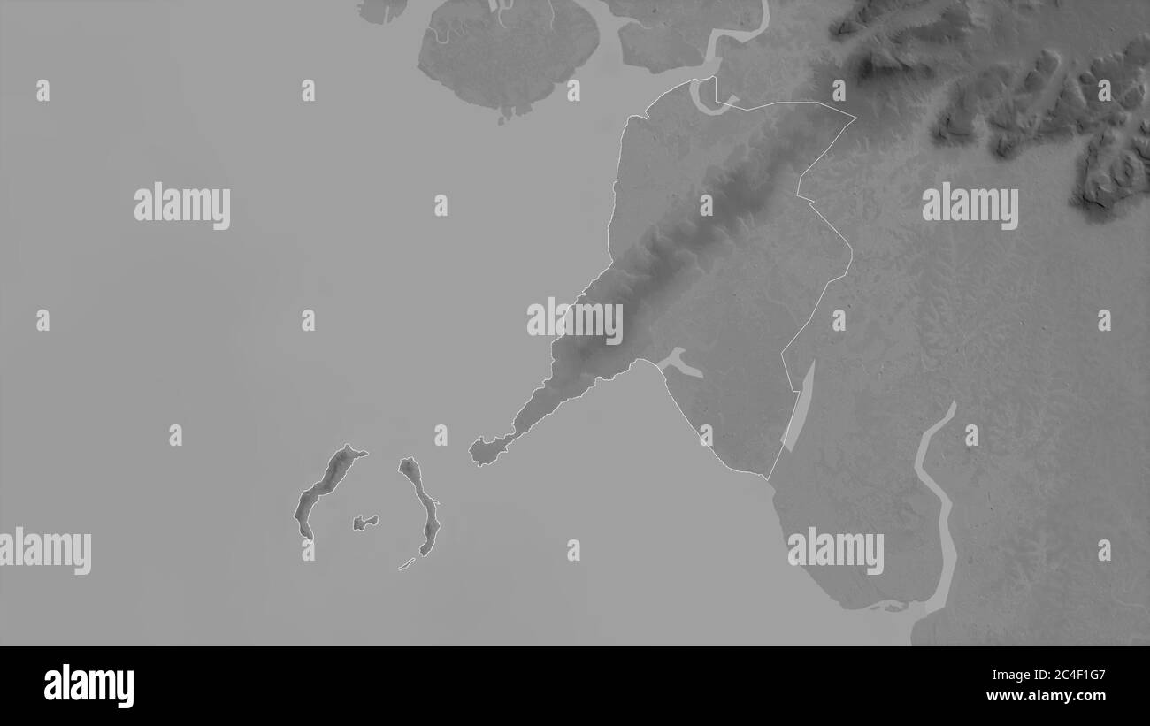 Conakry, region of Guinea. Grayscaled map with lakes and rivers. Shape outlined against its ...