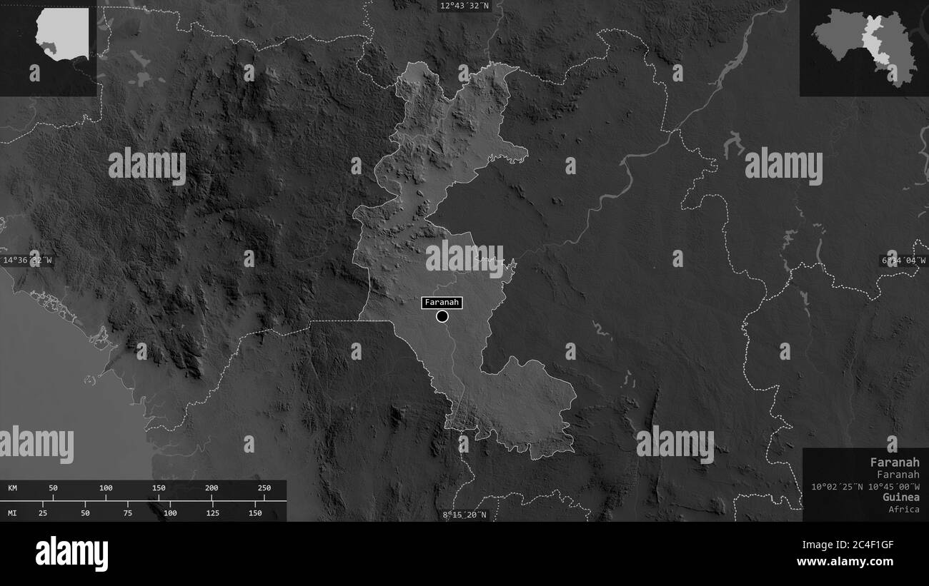 Faranah, region of Guinea. Grayscaled map with lakes and rivers. Shape ...