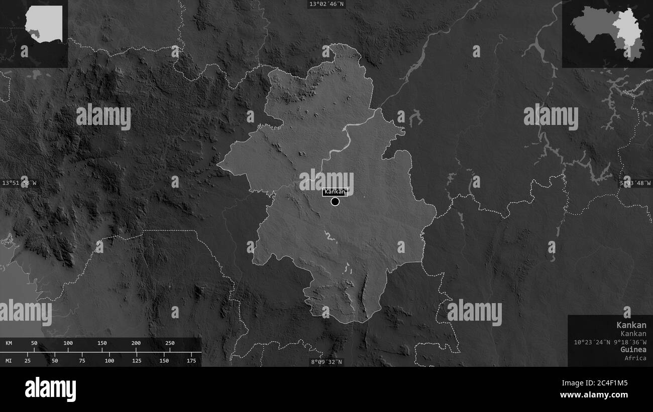 Kankan, region of Guinea. Grayscaled map with lakes and rivers. Shape ...